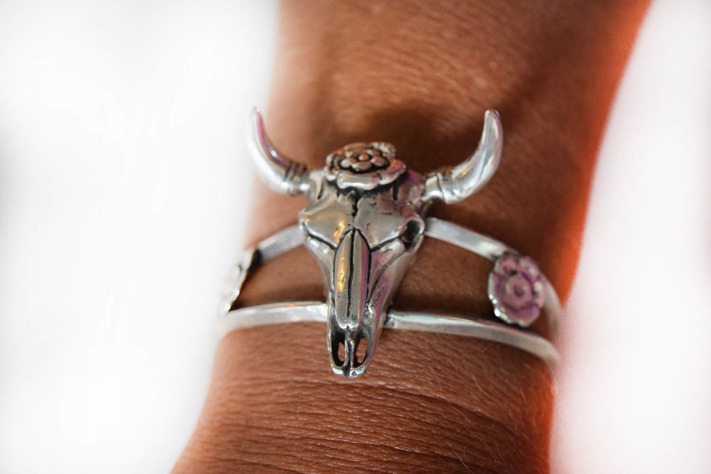 Steer, Bull or Skull with Flowers – Cuff Bracelet in Sterling Silver ...